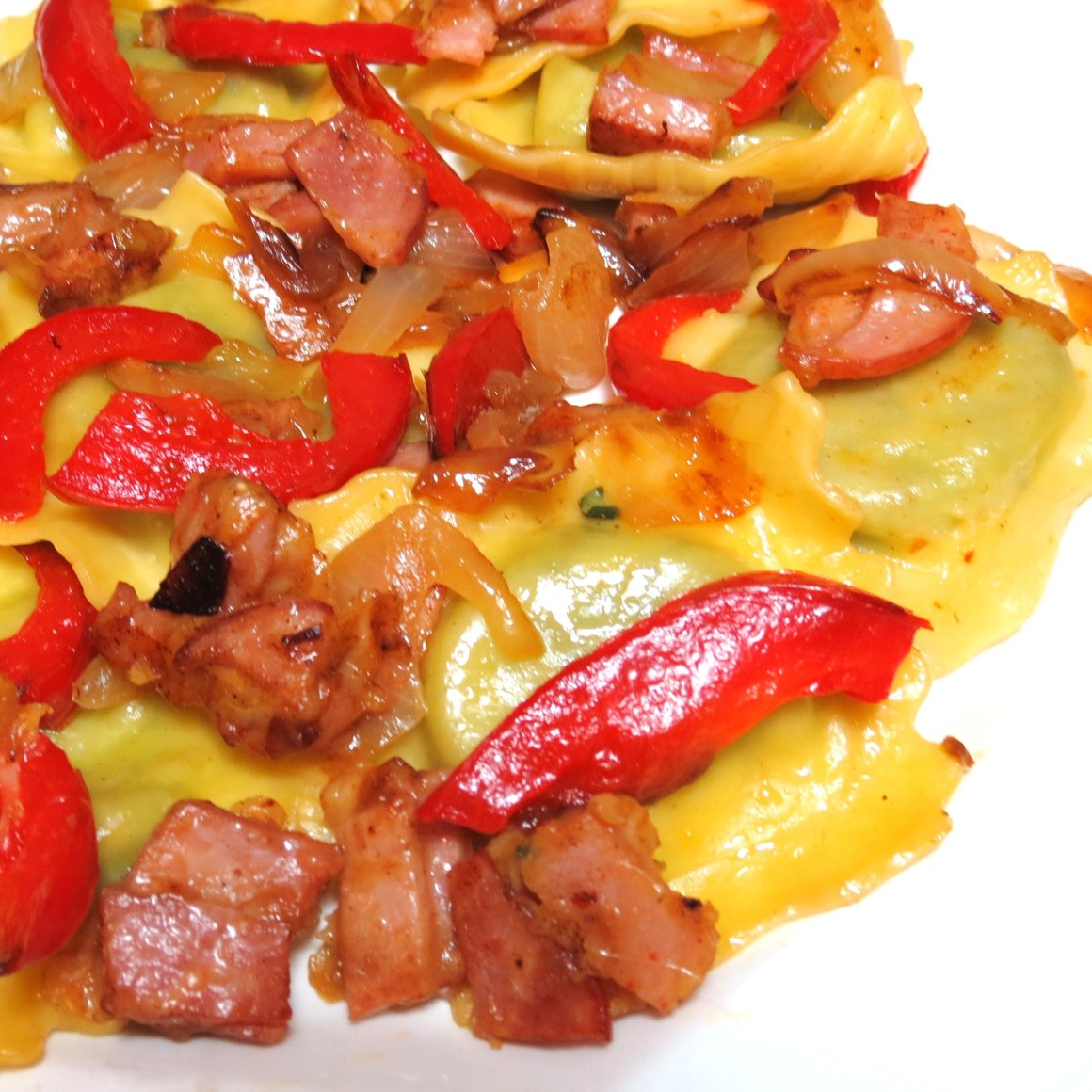 Ricotta and Spinach Ravioli with Ham, Red Pepper and Parmesan